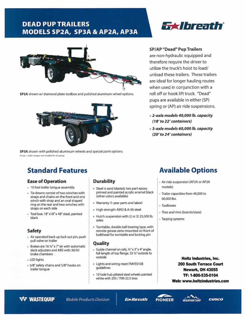 Galbreath Dead Pup Trailers Models: SP2A, SP3A, AP2A and AP3A Hoists ...